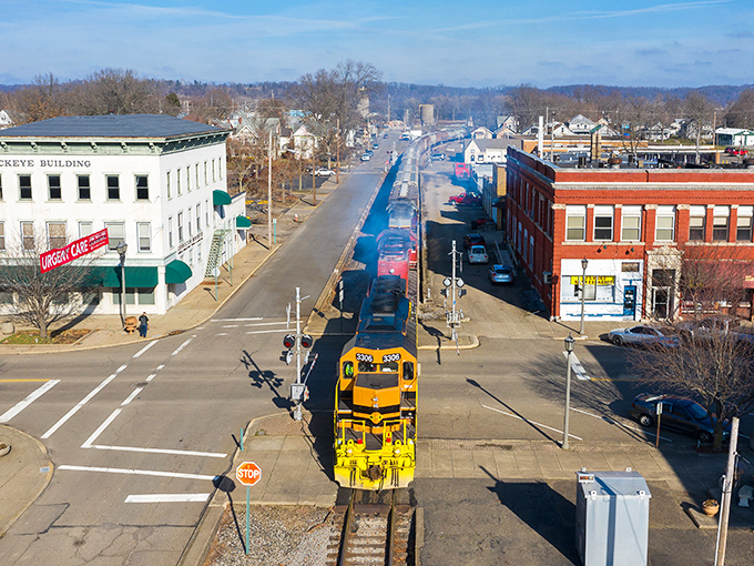 Railroad tracks still run through the heart of this authentic American town's bustling center.