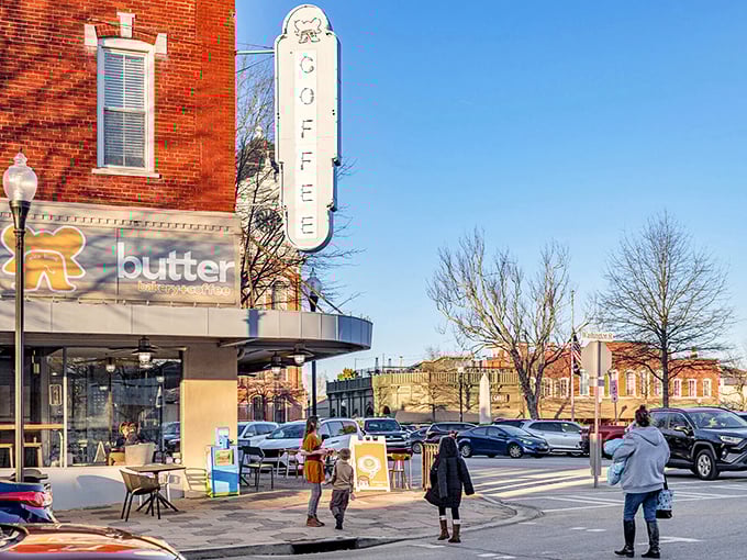 That vintage coffee shop sign isn't just decoration - it's a portal to simpler times in downtown Covington.