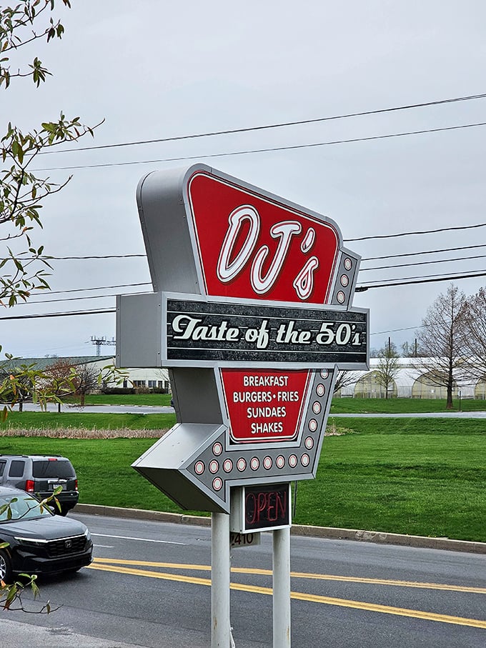 That retro sign at DJ's isn't just advertising breakfast and burgers&mdash;it's promising a trip back to simpler times when milkshakes came in metal mixing cups.