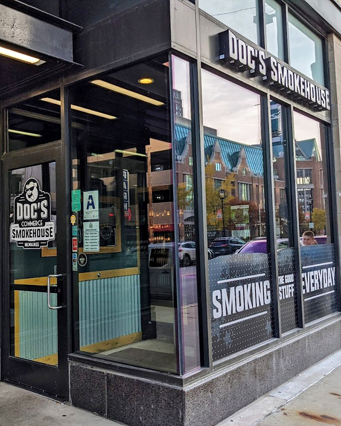 The entrance to DOC's promises "Smoking the Stuff Everyday" &ndash; a commitment to craft that shows in every bite.