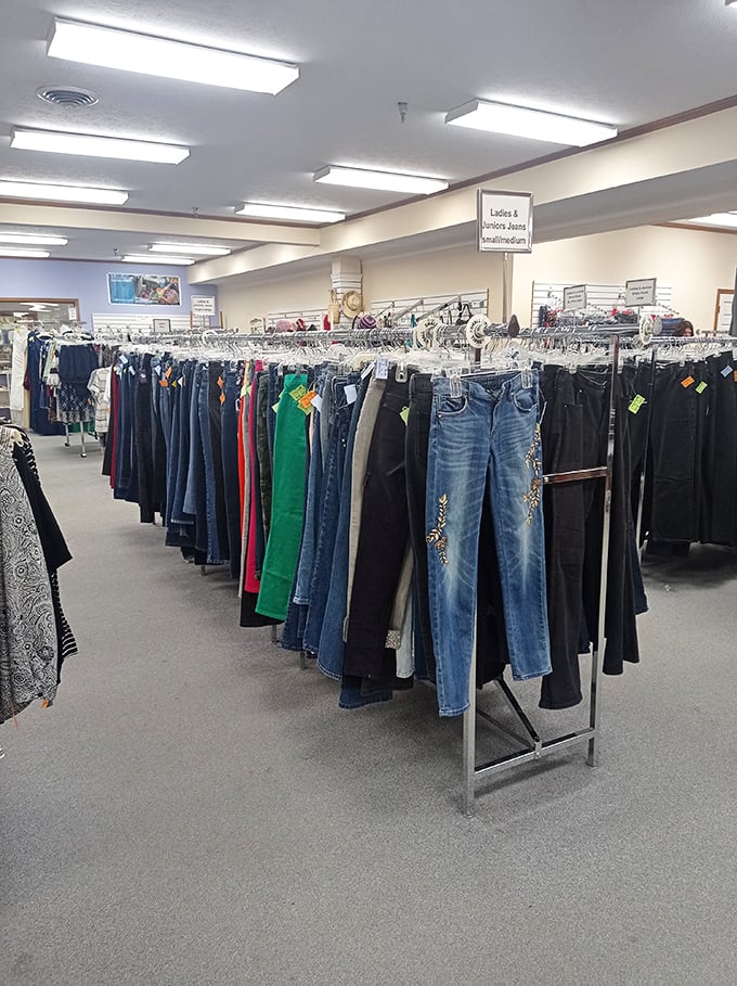 Rows of neatly organized clothing create a thrifter's dream landscape where every hanger holds potential wardrobe magic waiting to happen.