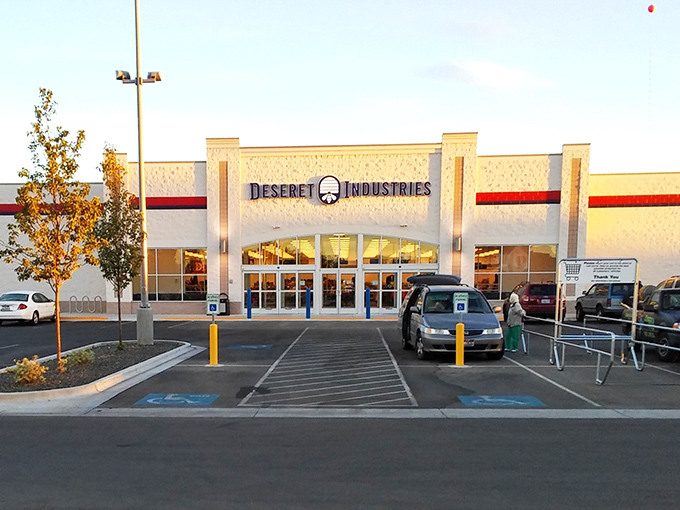 Shopping carts await their next treasure hunt. This Deseret Industries' clean, modern exterior promises an organized thrifting experience inside.