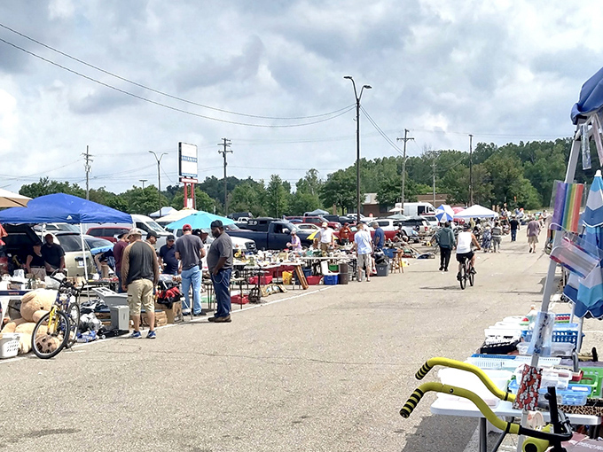 Saturday morning magic captured in one frame - vendors, shoppers, and endless possibilities stretching down the street.
