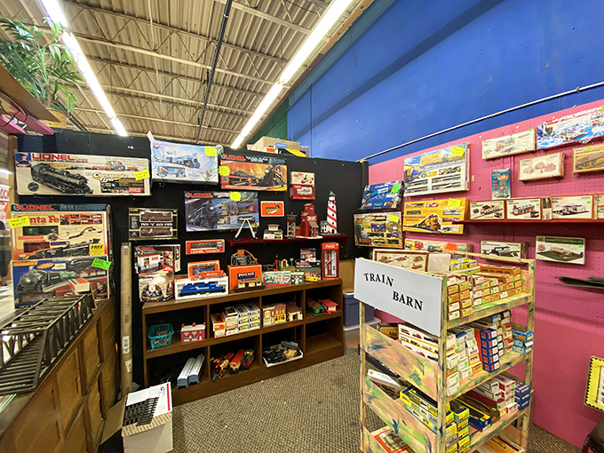 Model trains and vintage toys create displays that transport you straight back to Saturday morning cartoons.