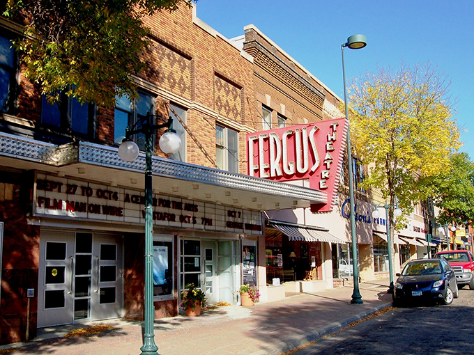 The historic Fergus Theatre marquee lights up downtown, offering entertainment that won't break a retiree's budget in this affordable lakeside gem.