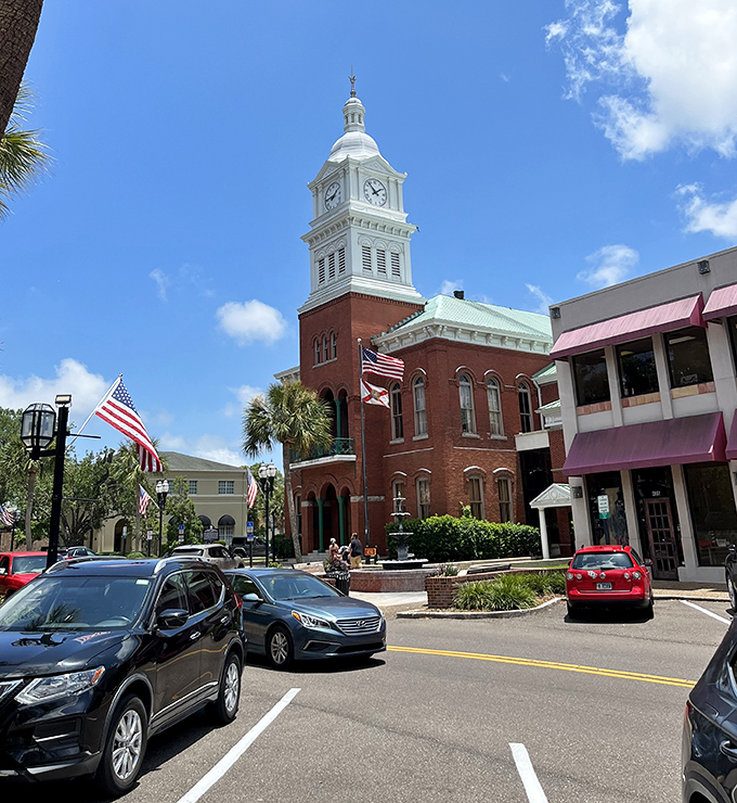 This historic courthouse anchors downtown Fernandina Beach where Victorian elegance meets modern island charm under Florida's endless blue skies.