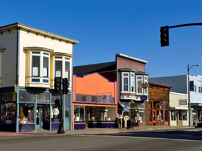These painted ladies line the streets like a rainbow of coastal California charm.