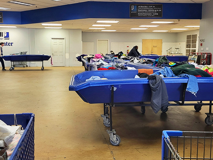 Those rolling blue bins hold the promise of extraordinary finds at weights so light they barely register on scales.