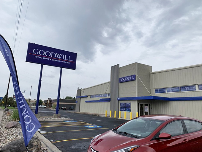 That Goodwill blue never looked so inviting, promising aisles of discoveries waiting just beyond those doors.