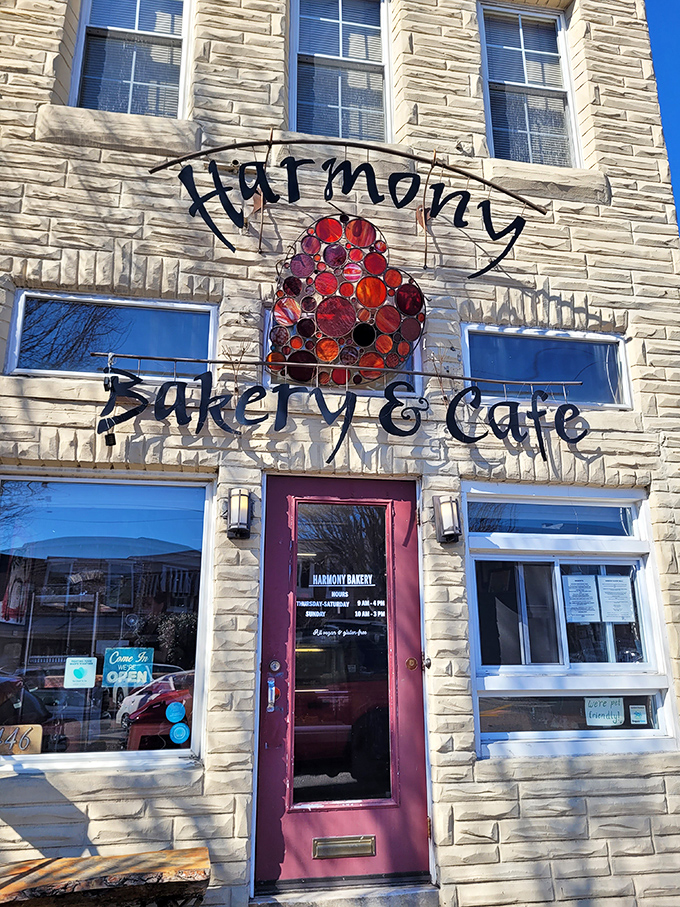 The pink door and beautiful stained glass heart make Harmony Bakery look like the entrance to a fairytale where all donuts are guilt-free.