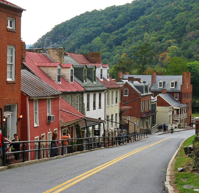The red rooftops of Harpers Ferry pop against the mountain backdrop like someone color-coordinated the entire town just for your visit.
