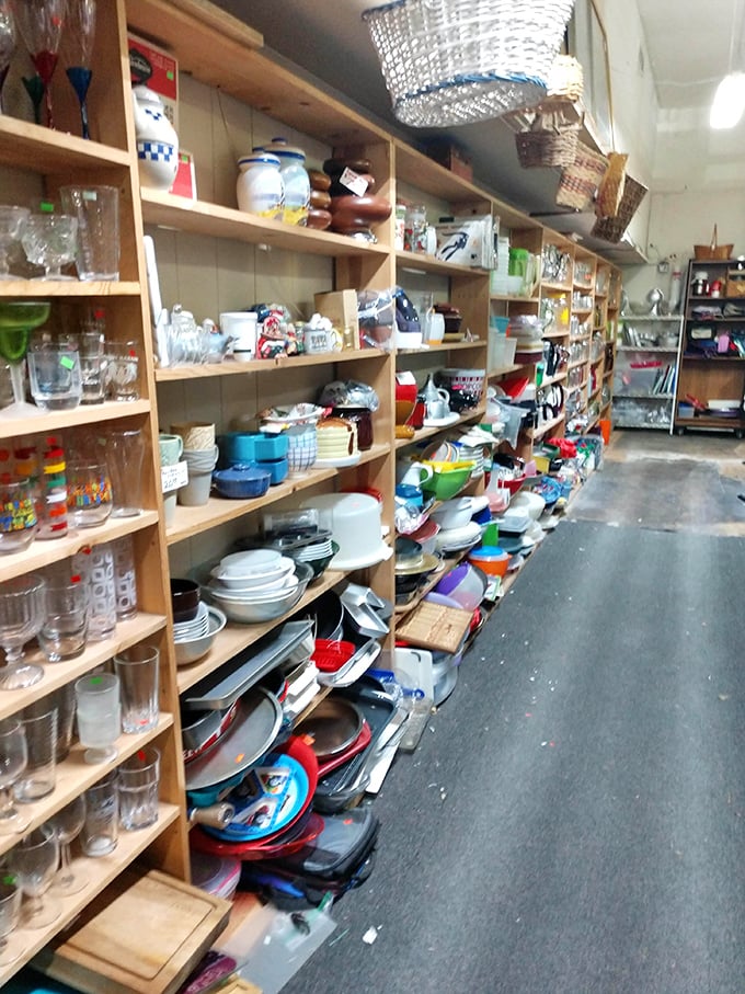 Those shelves tell a thousand stories, each dish and basket waiting for its next chapter.