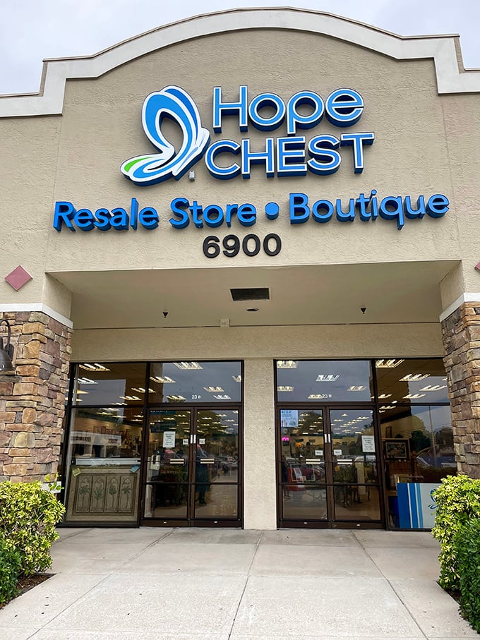 Elegant stonework and professional signage hint at Hope Chest's upscale approach to thrifting. Champagne finds on a lemonade budget!