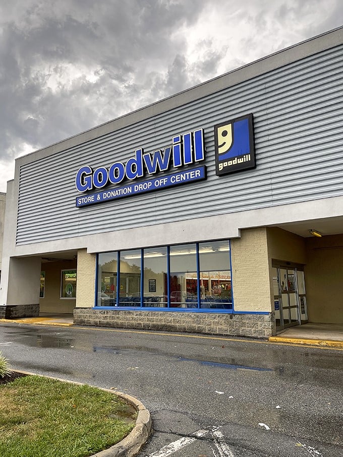 Even under moody skies, this Goodwill's welcoming facade stands ready to transform one person's castoffs into another's treasures.