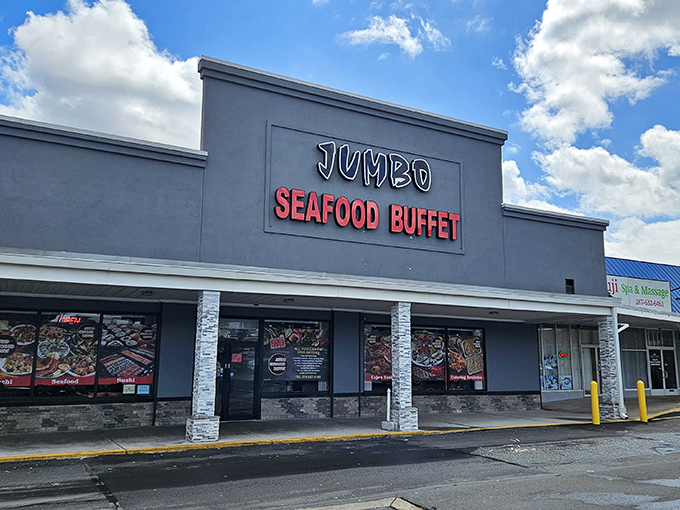 Gray exterior, golden interior promise - this is where seafood dreams come true, one crab leg at a time.