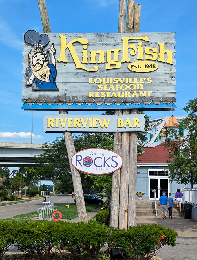 That vintage sign says it all &ndash; KingFish has been serving up seafood with a side of river views since before it was cool.