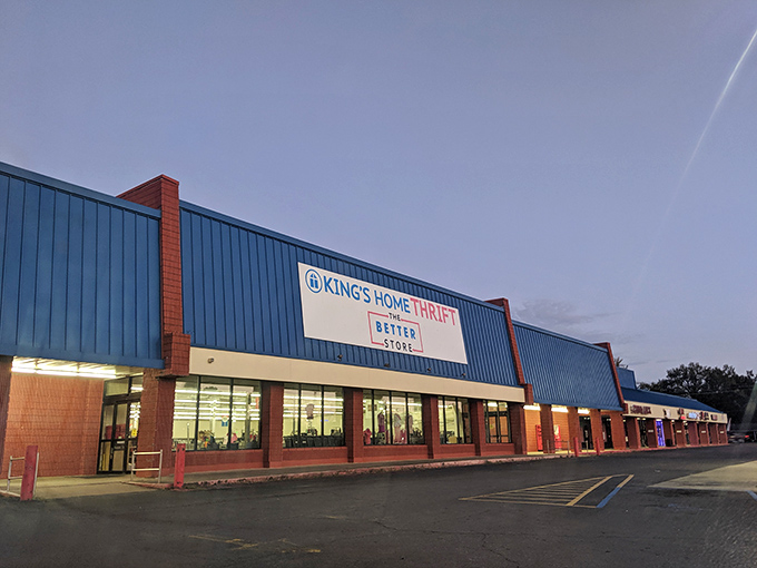 As dusk settles, King's Home Thrift glows with promise. Tomorrow's home makeover starts with tonight's window shopping!