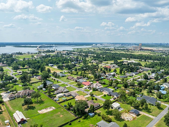 From above, Lake Charles spreads out like a budget-friendly paradise where your dollar stretches beautifully.