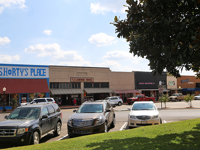 Classic brick buildings frame the street like a movie set designed for the perfect American small town.