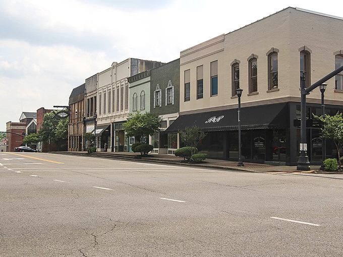 Downtown Mayfield's elegant buildings line up like contestants in a "Most Affordable Yet Dignified Small Town" competition. Spoiler: they're all winners.