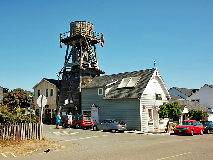 The water tower in Mendocino's stands tall against the blue sky. A landmark that's been photobombing tourist pictures for generations.
