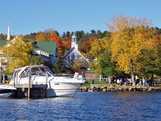 Boats bob gently in Meredith's harbor, where lake life and small-town charm create the perfect New England cocktail.
