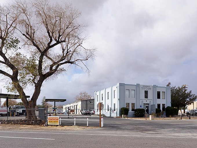 This quiet corner of Mojave showcases its small-town charm, where historic buildings stand proudly against the desert sky.