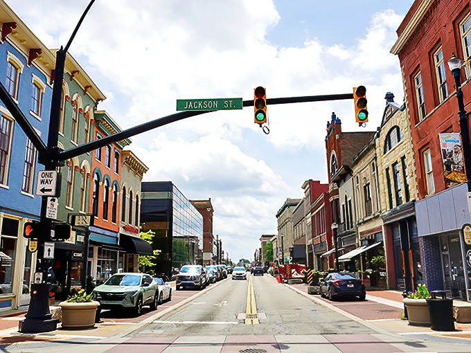 Colorful storefronts line Muncie's walkable downtown, where local businesses thrive without big-city price tags.