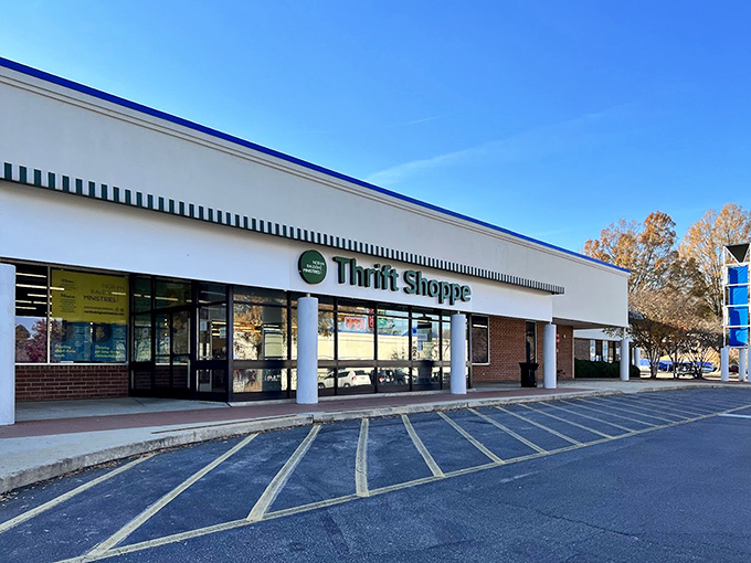 Brick and glass architecture houses community treasures where every purchase supports local ministry work.