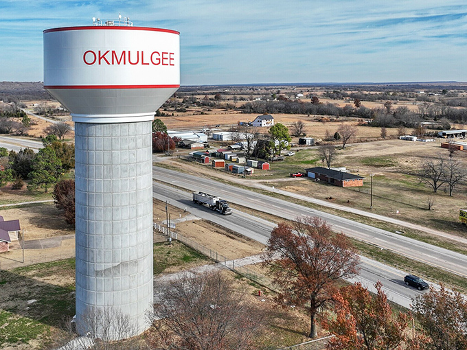 Okmulgee's water tower stands sentinel over neighborhoods where life moves at perfect pace.