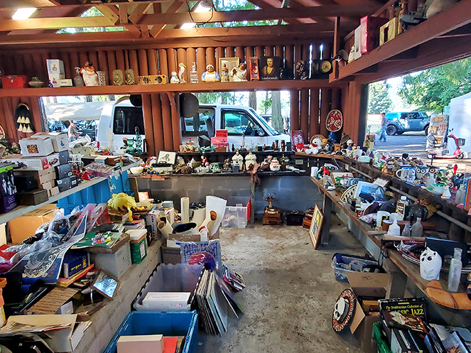 White tents dot the landscape like a friendly camping expedition dedicated entirely to bargain discovery.