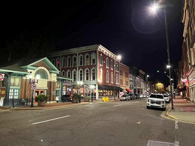 Downtown Paducah comes alive at night with glowing streetlights, historic architecture, and a welcoming small-town atmosphere perfect for an evening stroll.