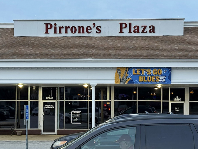 The "Let's Go Blues" banner tells you everything about this neighborhood's loyal spirit.