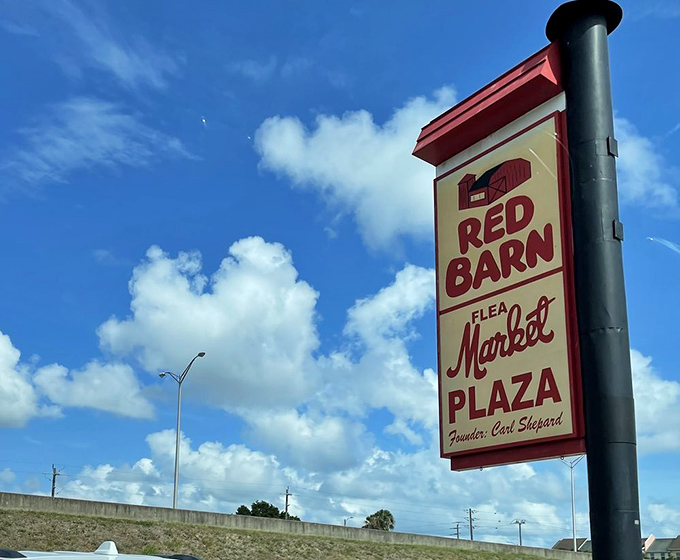 That bright red sign sets the tone &mdash; under the open sky, the market hums with energy and nonstop bargains, rain or shine.