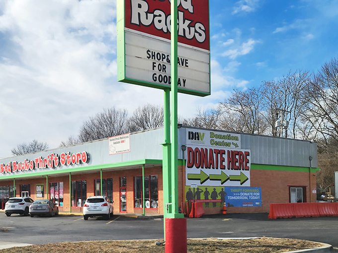 The cheerful sign at Red Racks promises "Shops Save Good" and delivers on that promise with aisles of affordable finds.