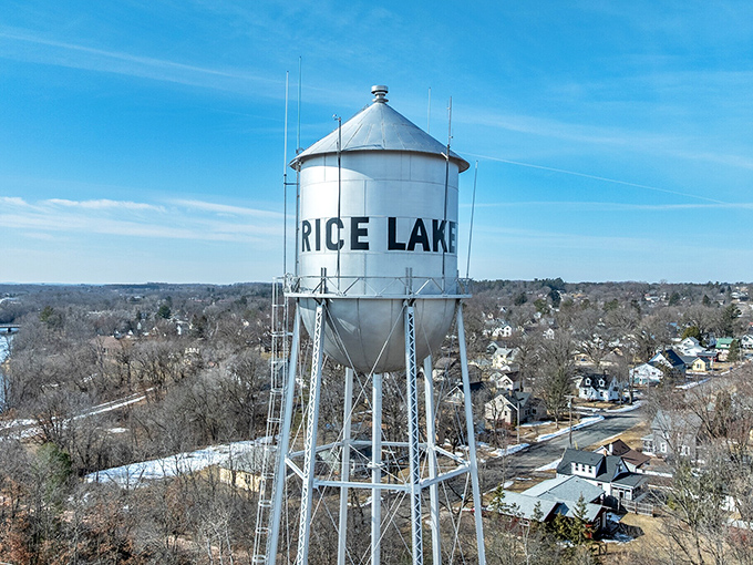 The iconic Rice Lake water tower stands proud over tree lined neighborhoods, marking this affordable retirement haven from miles away.