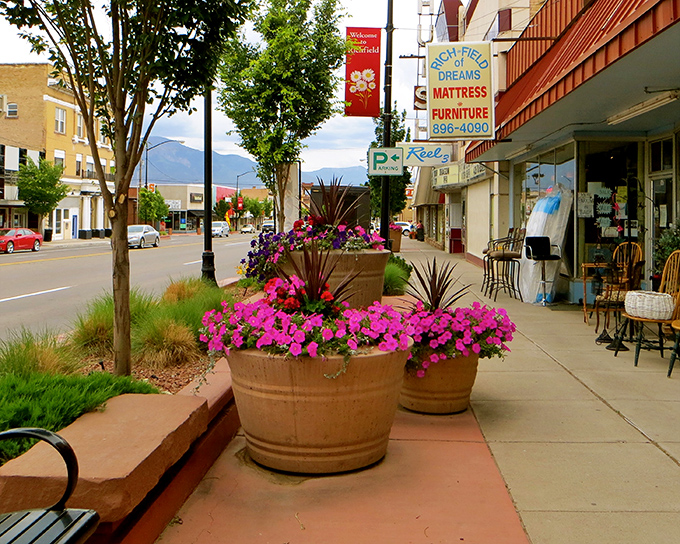Flower-filled planters prove that small towns know how to dress up their sidewalks.