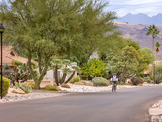 A cyclist enjoys Rio Verde's peaceful streets, where mountain views provide a stunning backdrop for outdoor activities year-round.