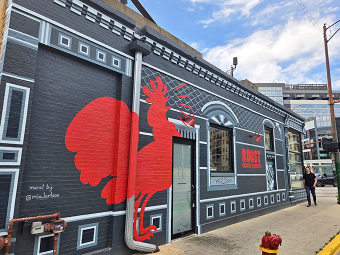 Urban chicken artistry at its finest. Roost's mural doesn't just decorate a wall &ndash; it announces a flavor revolution.