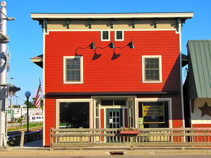 Roscommon's colorful buildings pop like crayons against the northern Michigan sky backdrop.