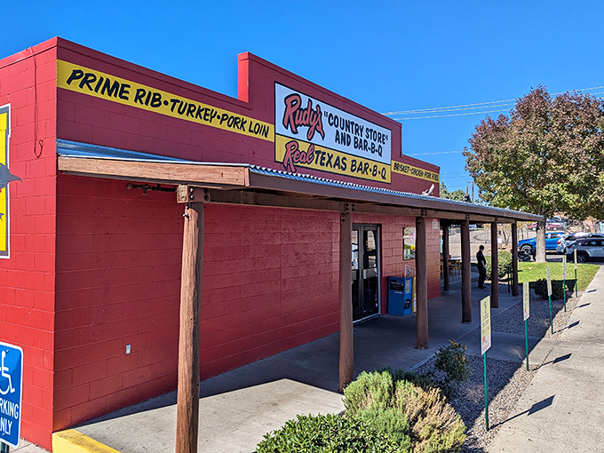 The bright red exterior of Rudy's screams "roadside classic." Inside those doors, BBQ traditions are kept deliciously alive.