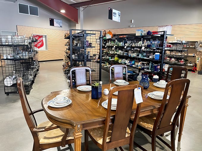 This elegant dining set awaits its forever home at the Salvation Army, proving "pre-loved" can look absolutely lovely.
