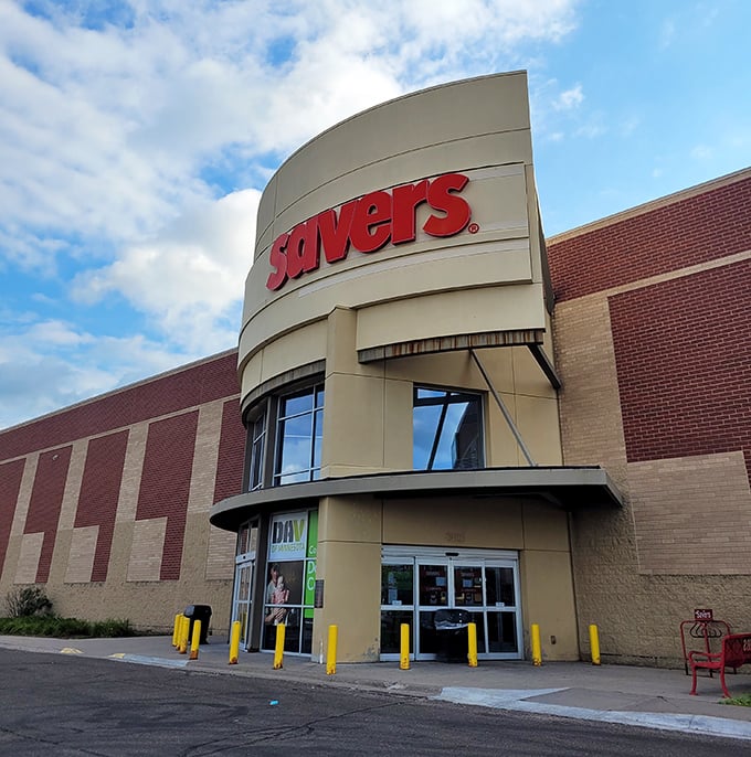 The curved entrance says "fancy department store" but the prices inside whisper "incredible bargain" with every tag.