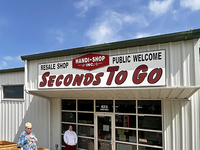 Behind this humble storefront lies a community-powered wonderland of deals. The "Handi-Shop" sign hints at the helping hands within.