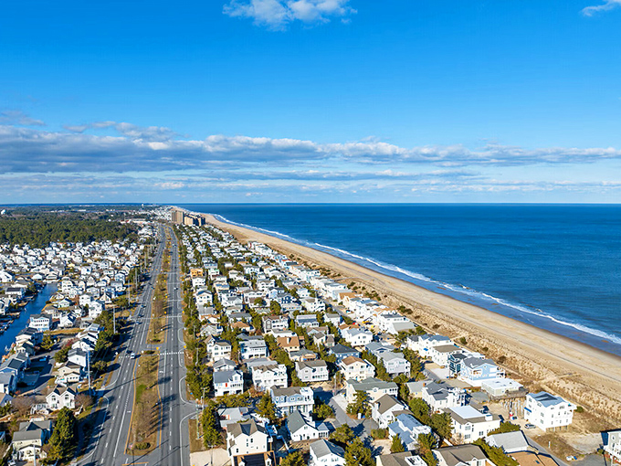 The best view is an aerial glimpse of the seaside town, showcasing its charm from above.