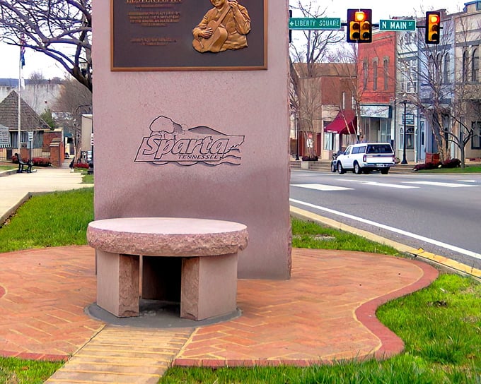A monument celebrating Sparta's heritage stands proud on Main Street, reminding everyone that history matters in Tennessee towns.