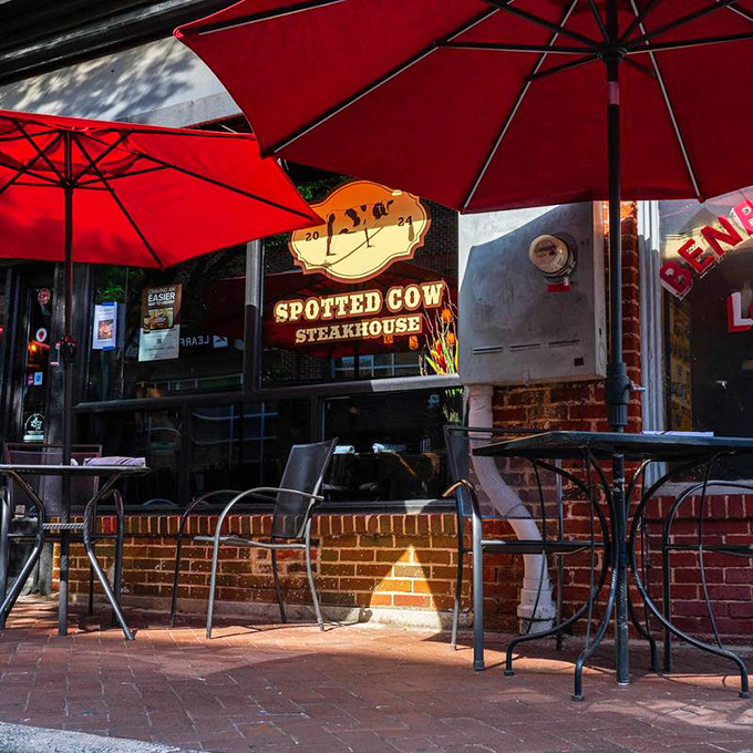 Red umbrellas and outdoor seating &ndash; because great steak deserves fresh air and people-watching opportunities.