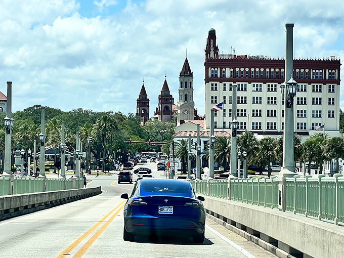 Crossing into America's oldest city feels like driving through a time machine set to "colonial Spanish magnificence."