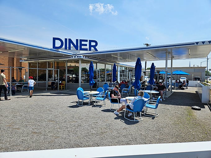 Blue skies and blue chairs&mdash;Sunnyside Diner's outdoor seating area invites you to linger over that second coffee.