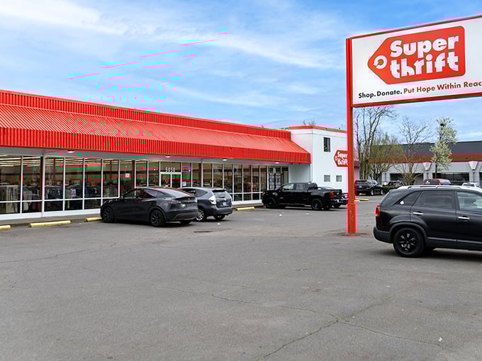 SuperThrift's clean white walls and bold red accents make it look more like a department store than a thrift shop.